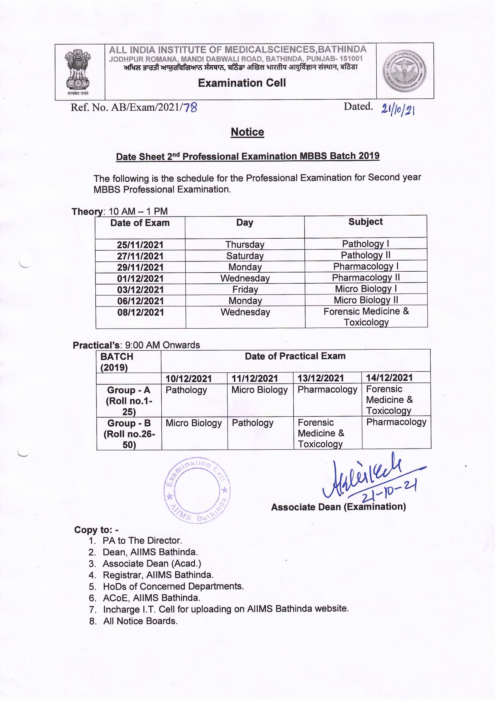 AIIMS Bathinda releases Schedule for 2nd Year MBBS Professional Exams ...